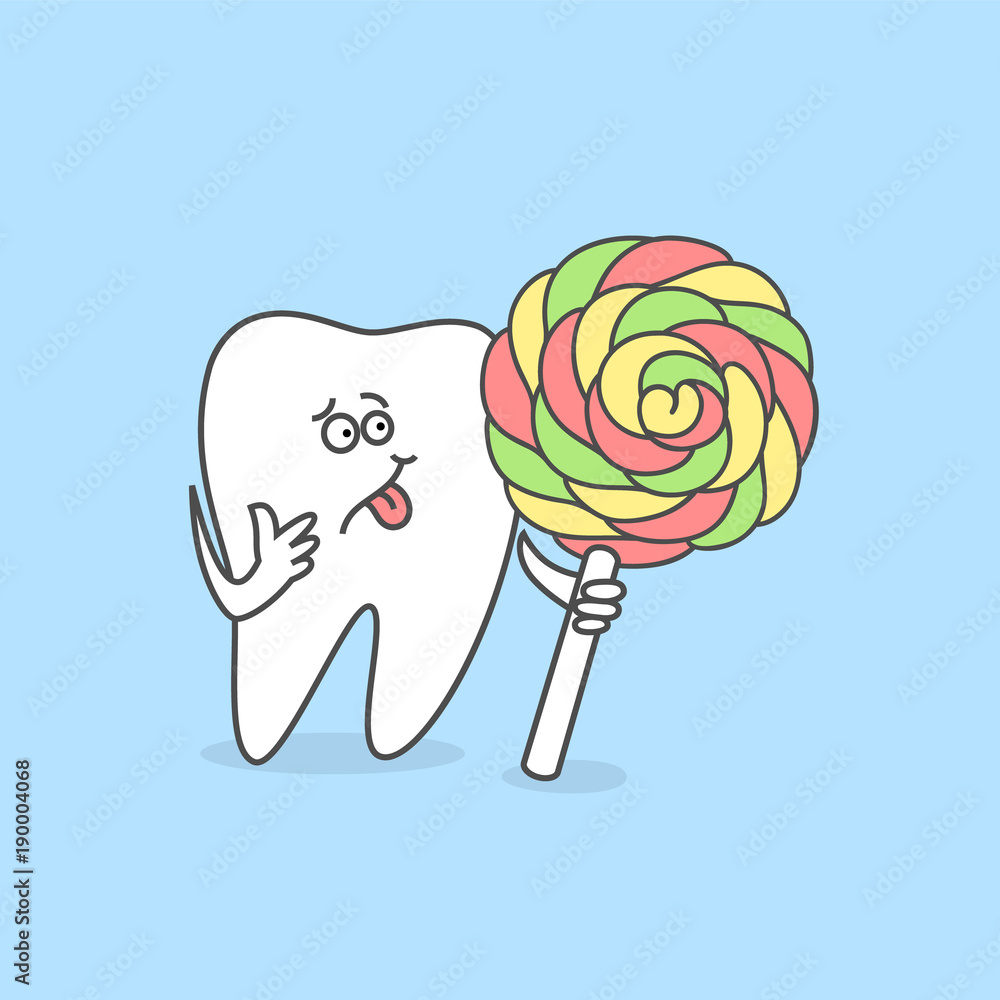Cartoon tooth with candy. Dental care concept. Bad food for your teeth ...