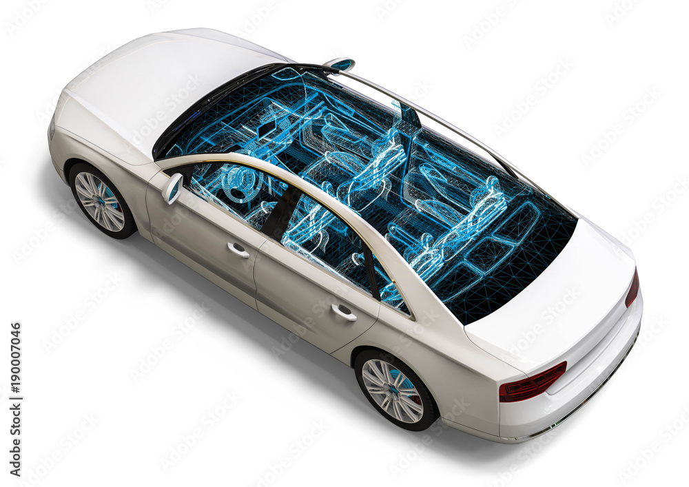 Car interior development process / 3D render image of an car in wire ...