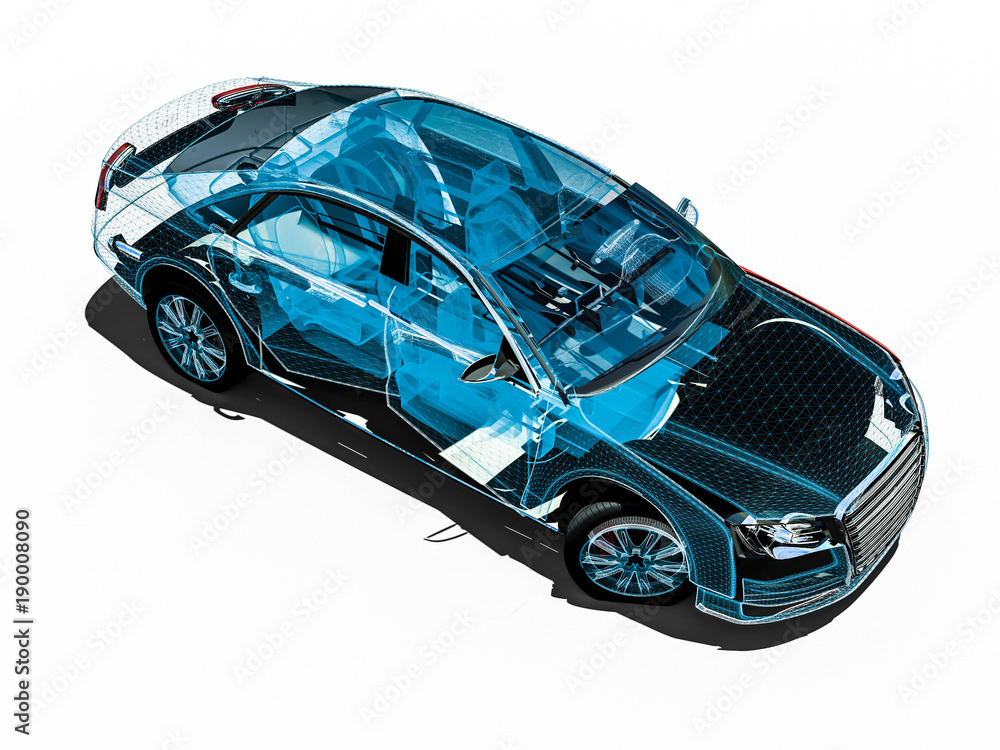 Car interior development process/3D render image of an car in wire ...