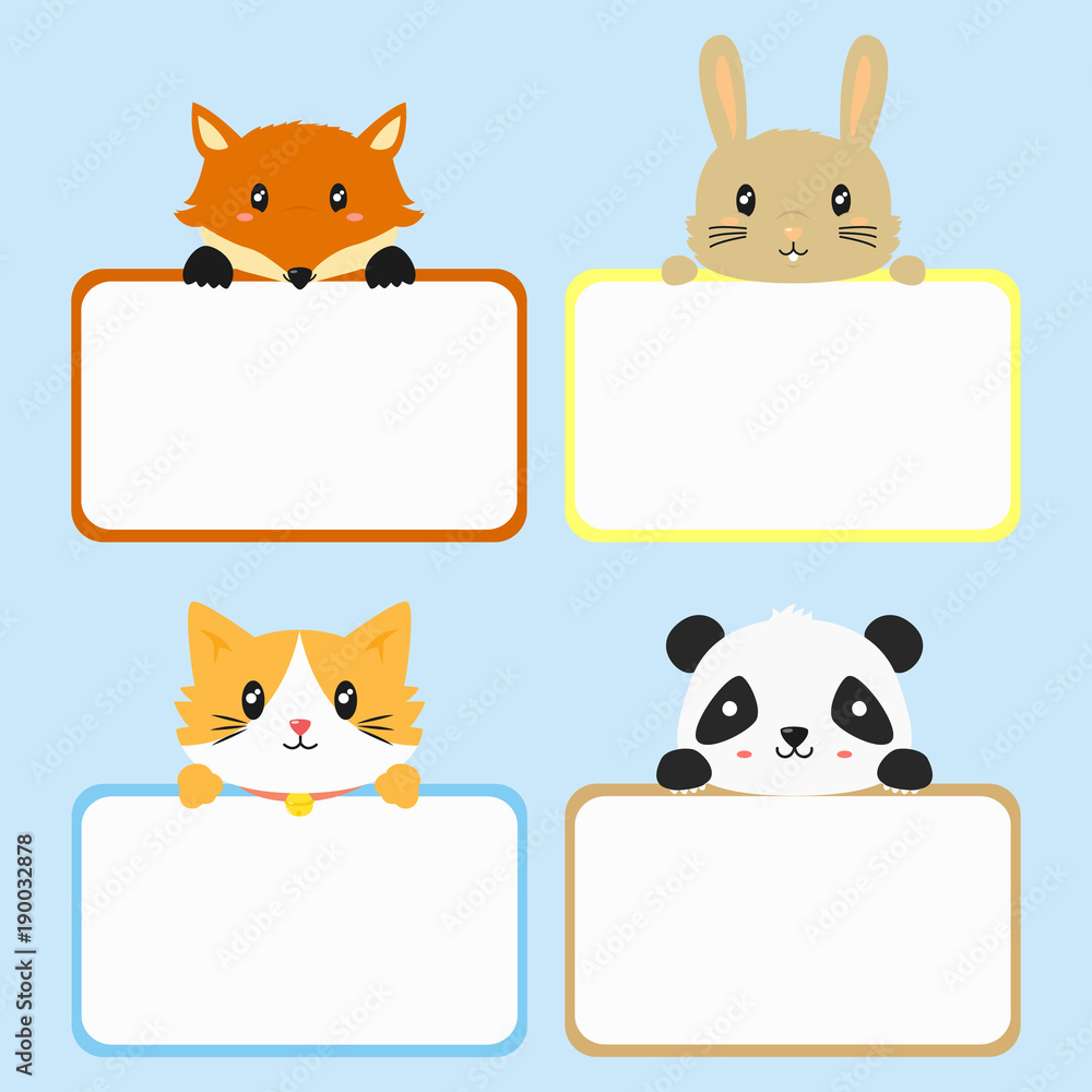 cute animals holding empty banner. cute fox, rabbit, cat, and panda ...