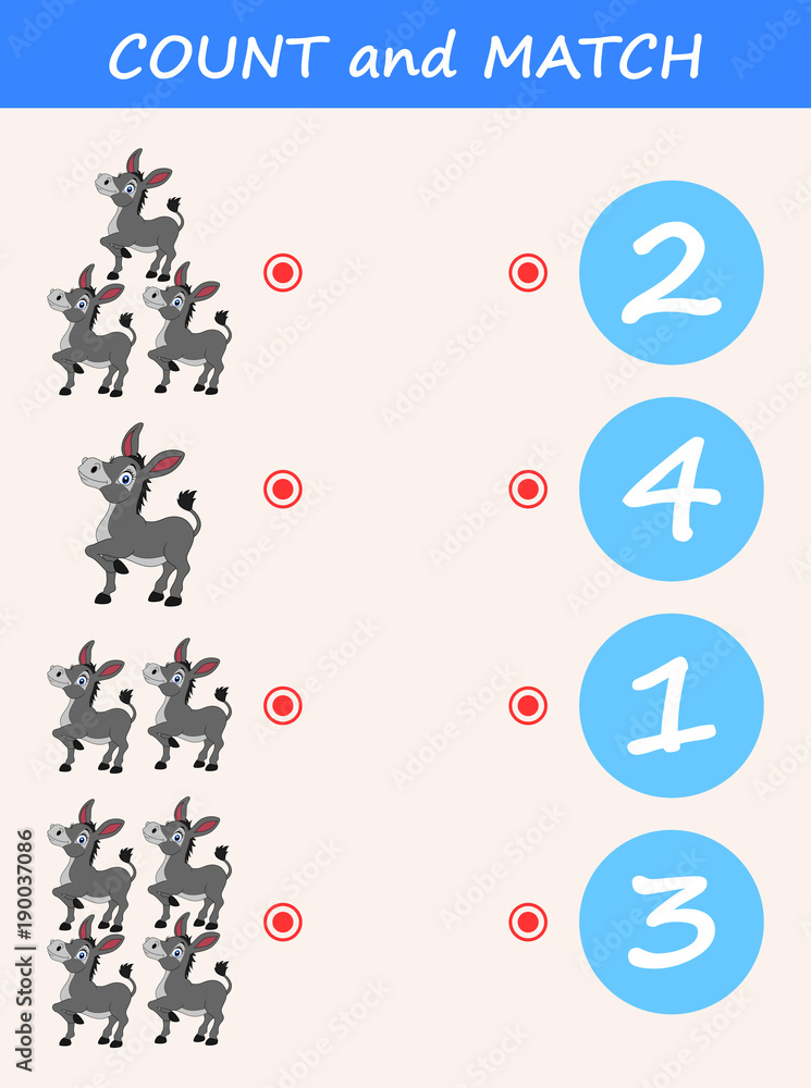 Count and match donkey cartoon. Math educational game for children ...