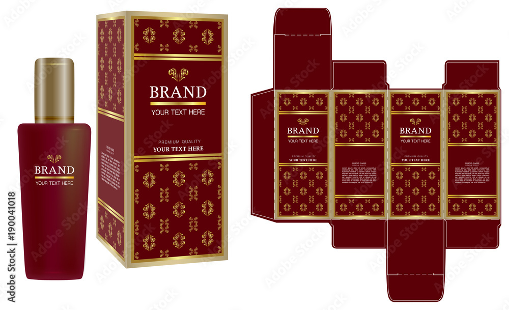 Packaging design, Label on cosmetic container with red and gold luxury ...