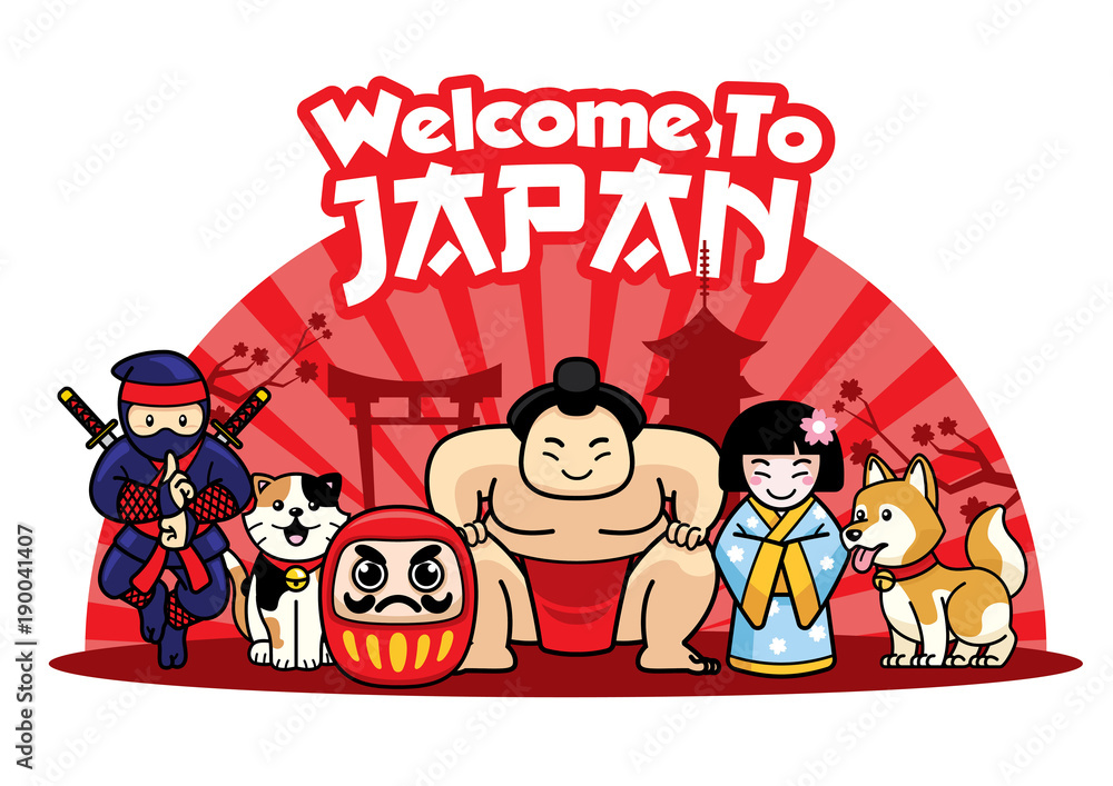 welcome to japan with cute characters Stock Vector | Adobe Stock