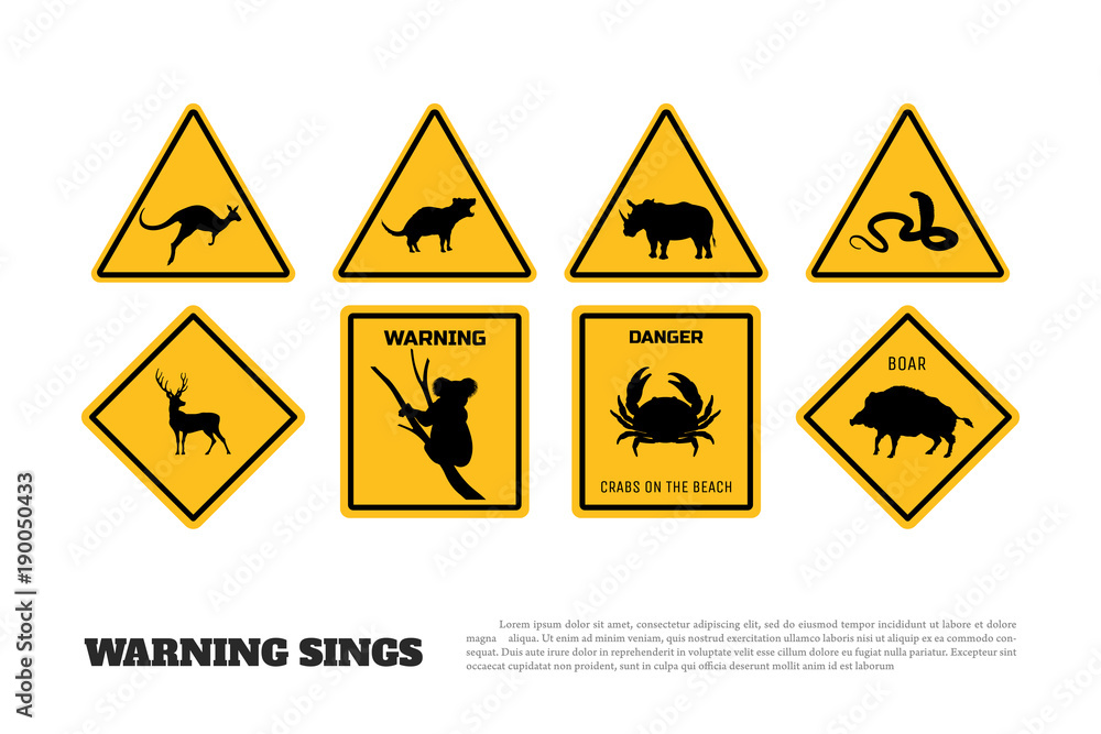 Animals yellow warning signs. Set of danger stickers and icons vector ...