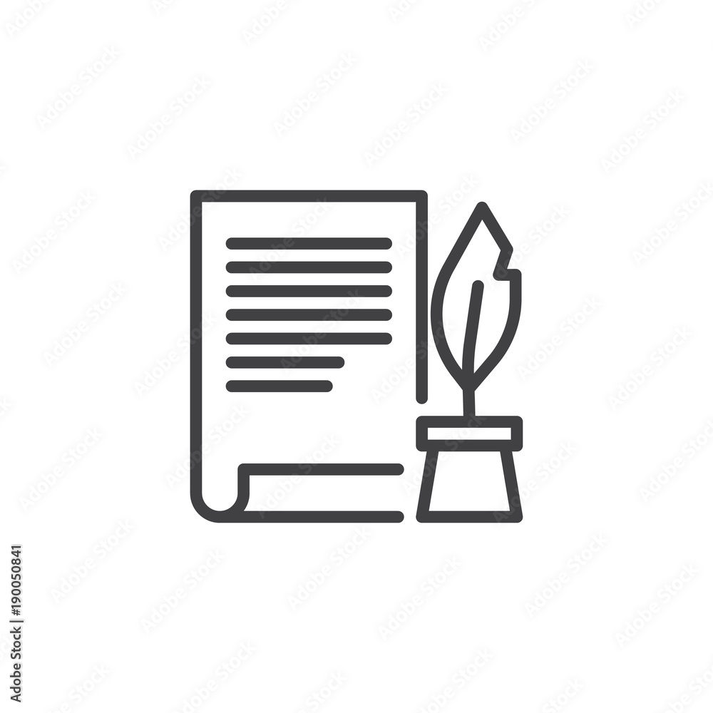 Ink feather pen and scroll paper line icon, outline vector sign, linear ...