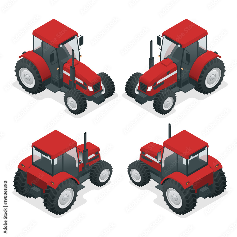 Isometric Tractor works in a field. Agriculture machinery. Plowing in ...