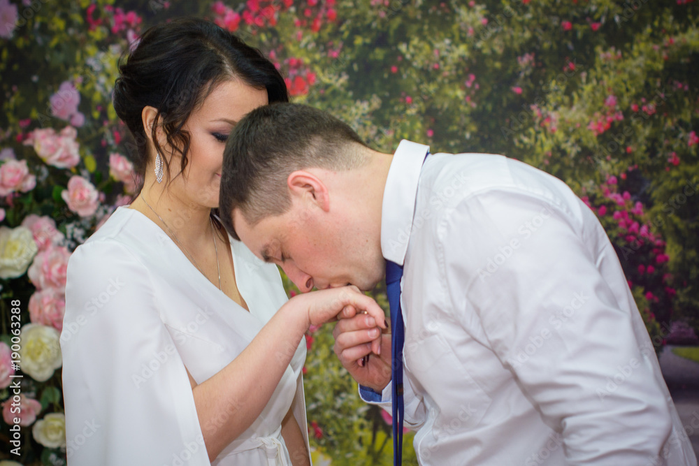 A modest betrothal of the newlyweds at the registry office in a small ...