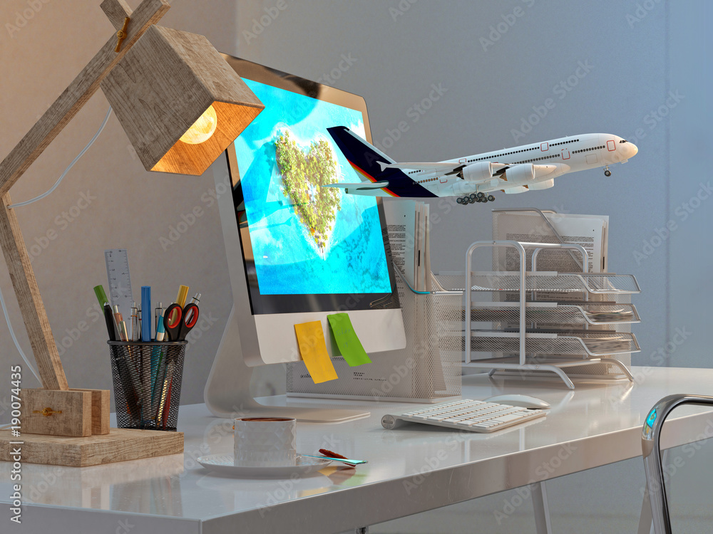 Office desk with computer, stationery, lamp and airplane flying from ...