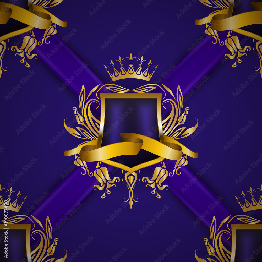 Gold royal shield with floral element, ribbons, damask ornament on ...