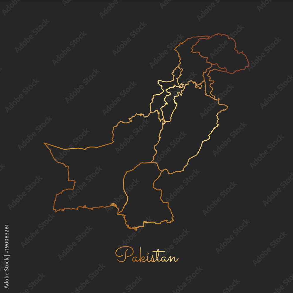 Pakistan region map: golden gradient outline on dark background ...