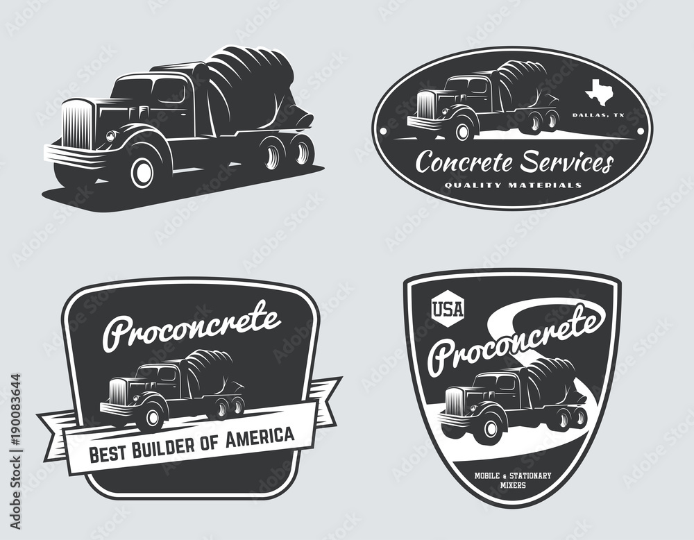 Set of vintage concrete mixer truck and construction equipment logo ...