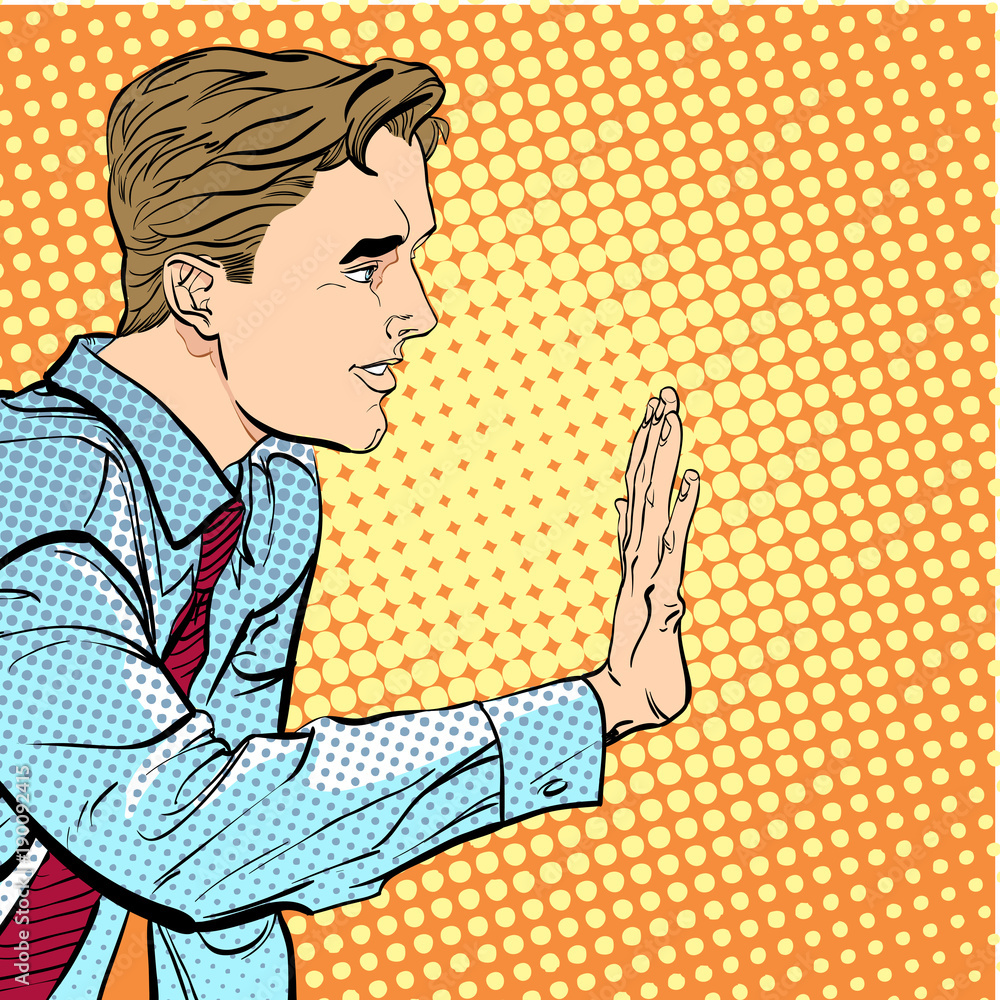 Sitting man stopping someone. Man stopping someone. Man rejecting ...