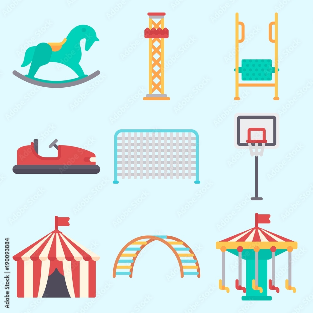 Icons set about Amusement Park with game zone, climb , flambards ...