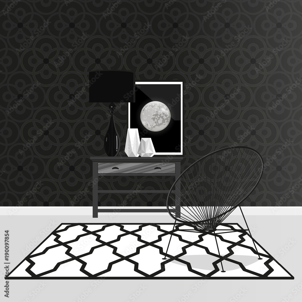 Black and white stylish interior with modern decor elements. Vector ...