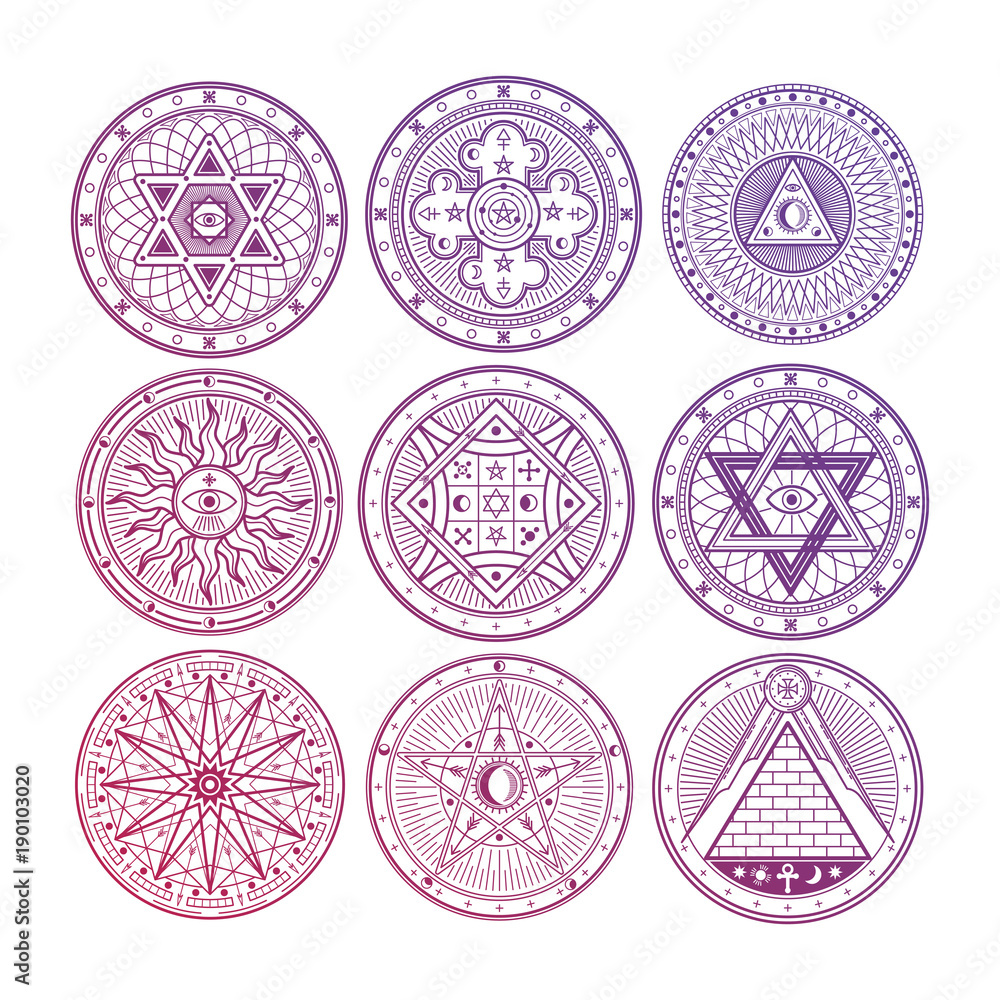 Bright mystery, witchcraft, occult, alchemy, mystical esoteric symbols ...