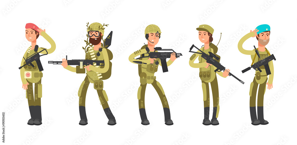 Us army cartoon man and woman soldiers in uniform. Military concept ...