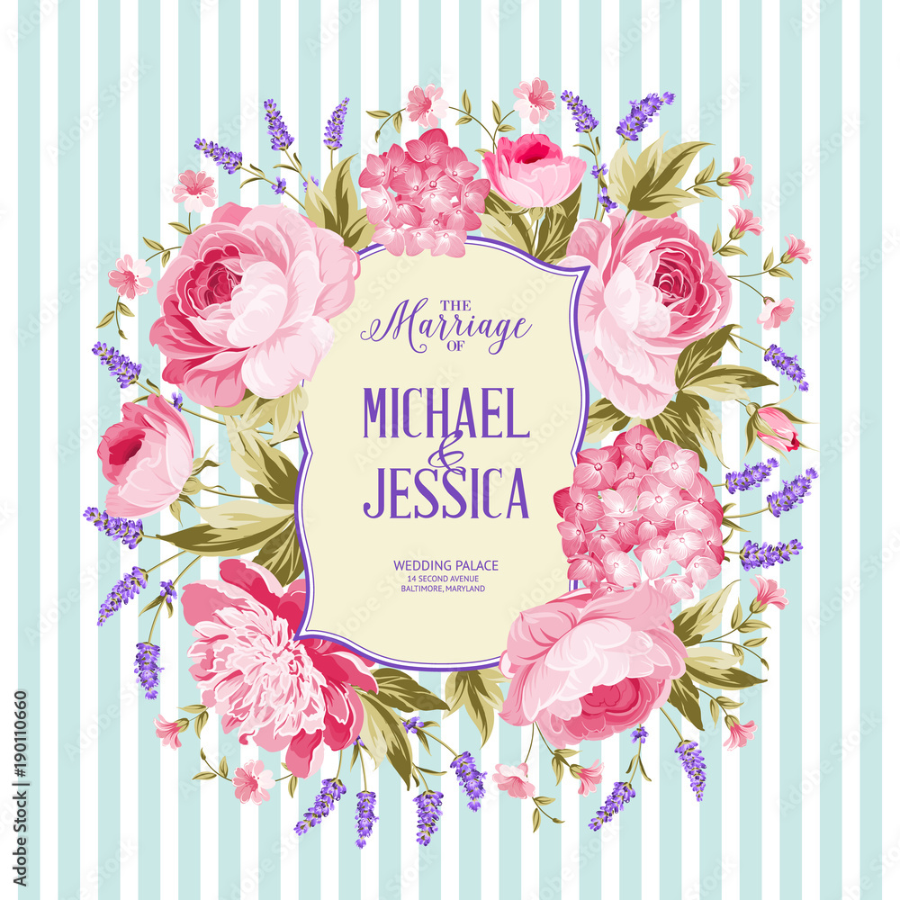 Marriage invitation card. Spring flowers bouquet of rose, peony and ...