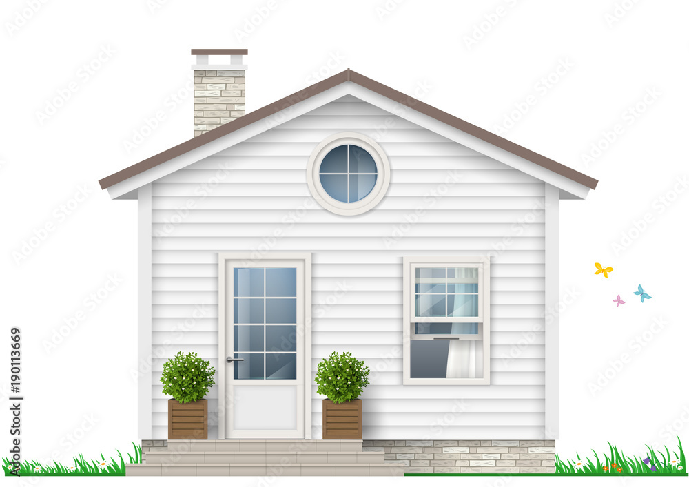 Beautiful white little house with trees in pots. Vector graphics Stock ...