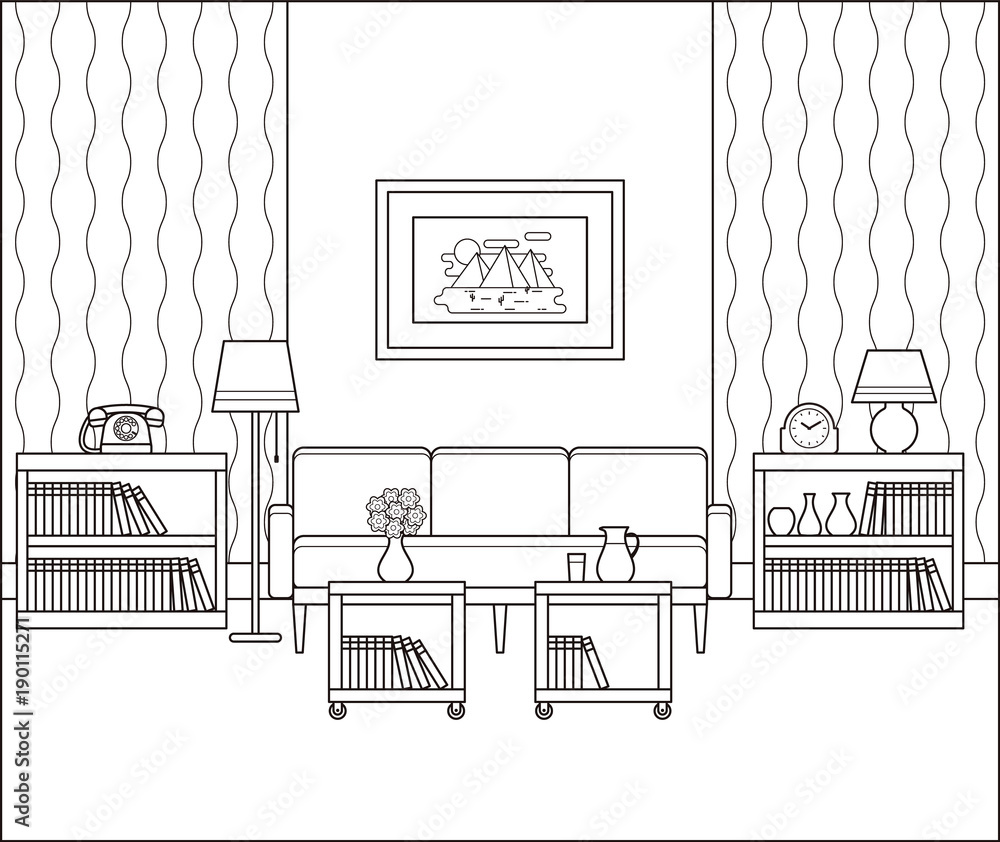 Living room interior sketch. Retro room in line art. Vector. Linear ...