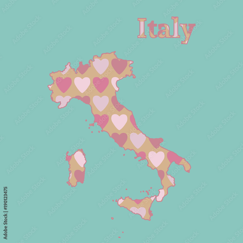 Outline map of Italy with a texture of pink and red hearts. Isolated ...