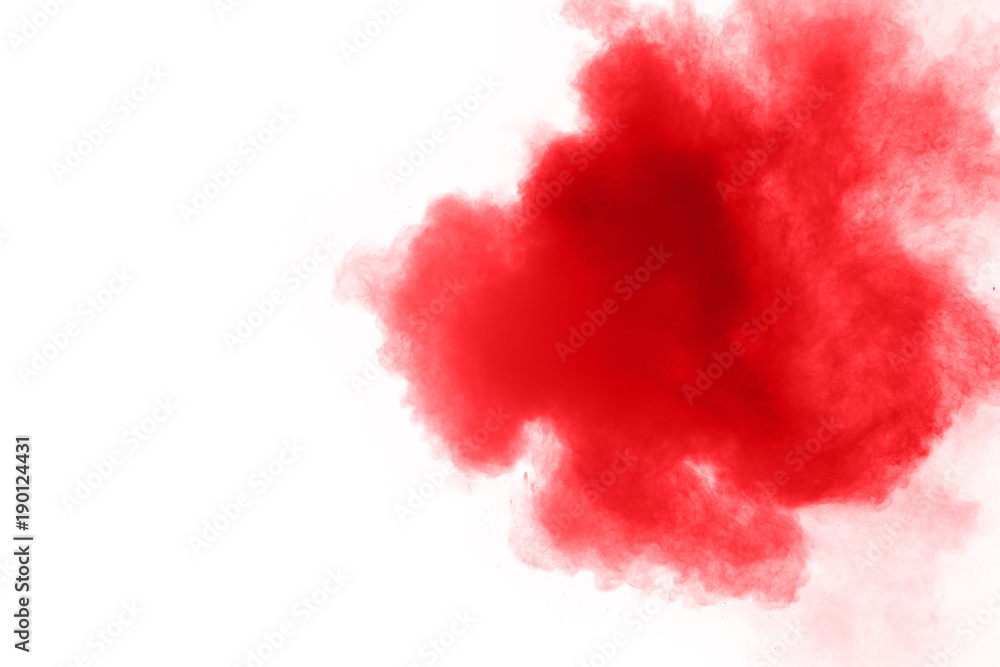 abstract red dust splattered on white background. Red powder explosion ...