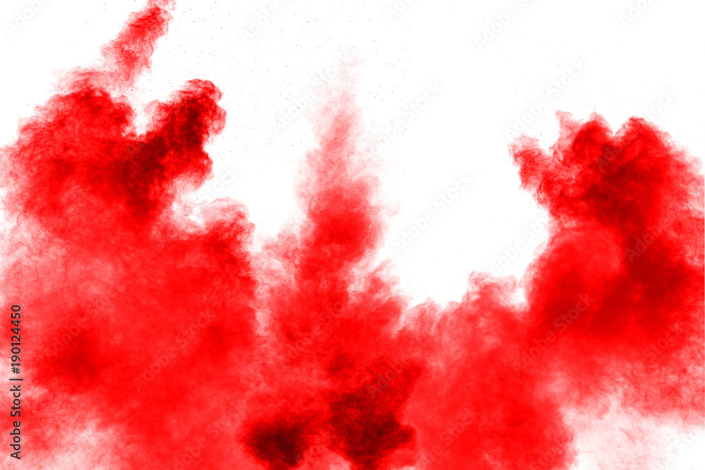 abstract red dust splattered on white background. Red powder explosion ...