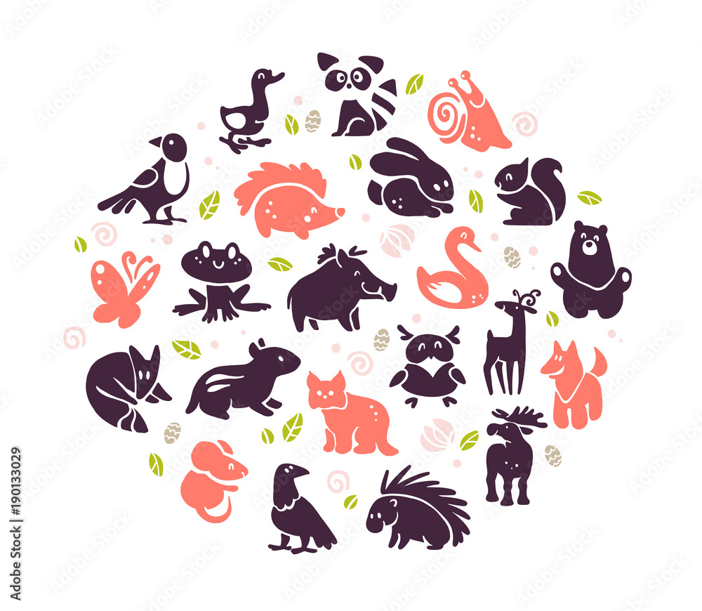 Vector collection of flat cute animal icons isolated on white ...