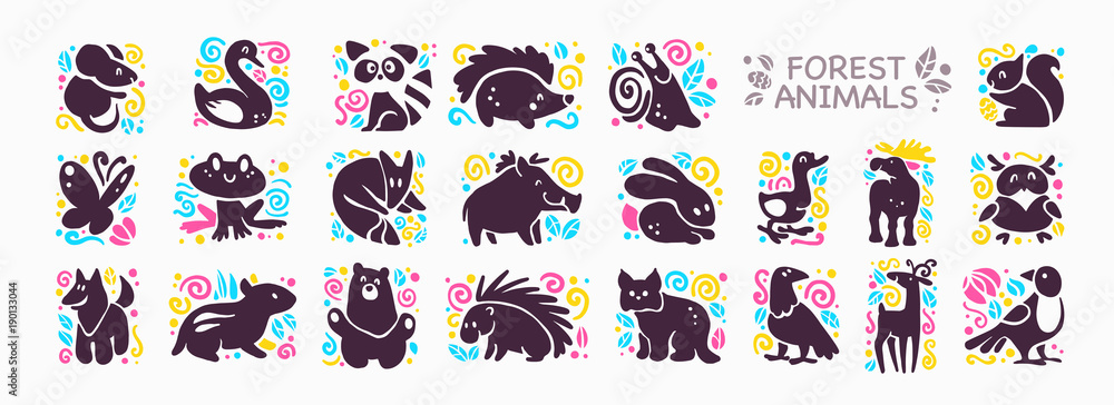 Vector collection of flat cute animal icons isolated on white ...