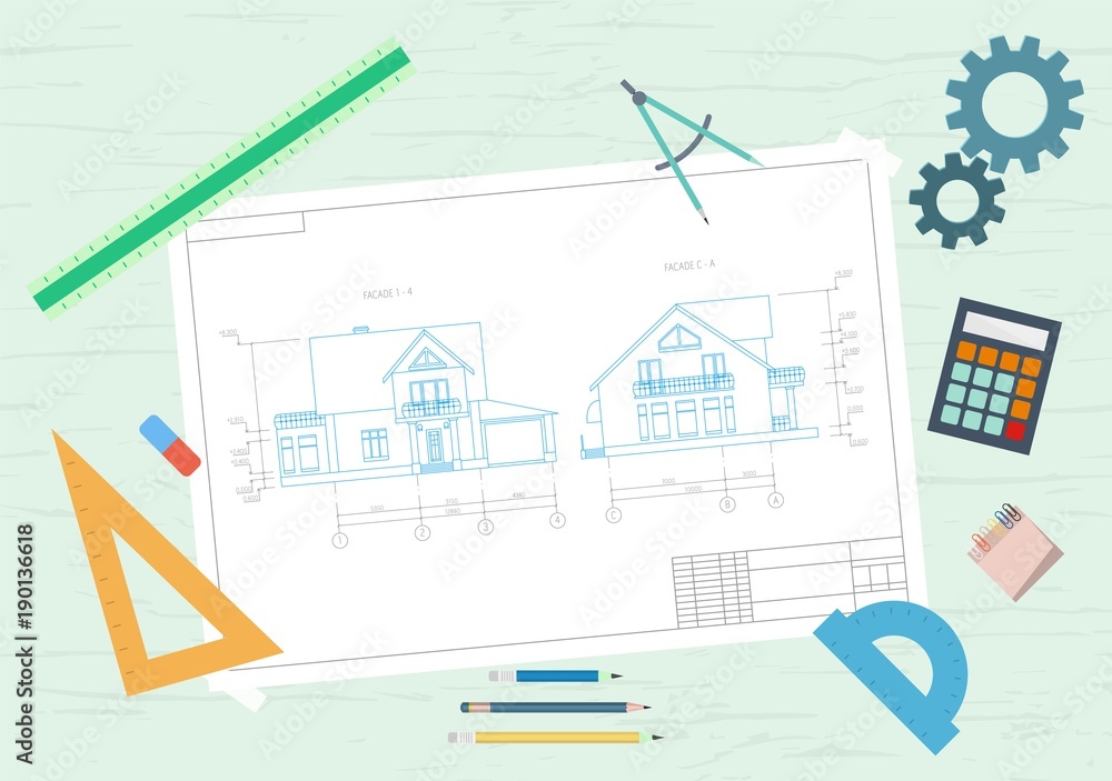 House drawing and drawing tools. The concept of design. Flat vector ...