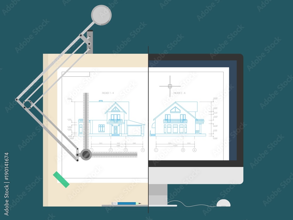 Drawing the house on the drawing board and on the monitor screen. The ...