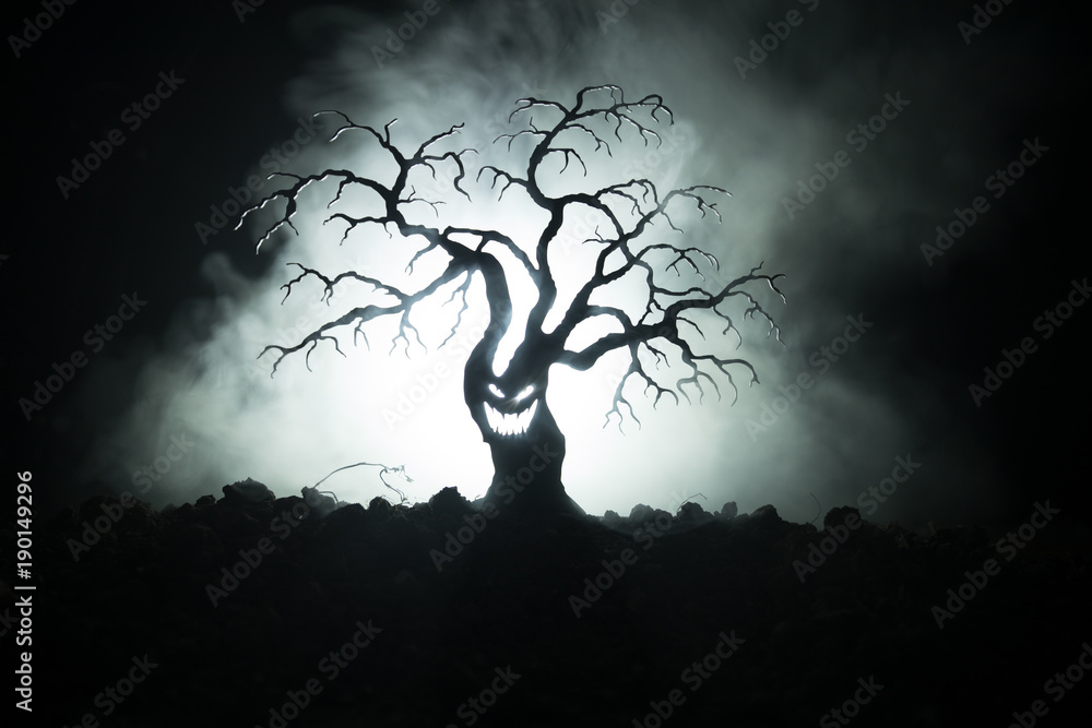Silhouette of scary Halloween tree with horror face on dark foggy toned ...