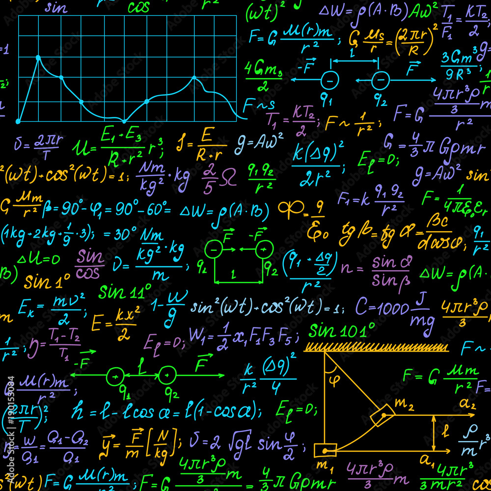 Multicolored physics vector seamless pattern with handwritten plots ...