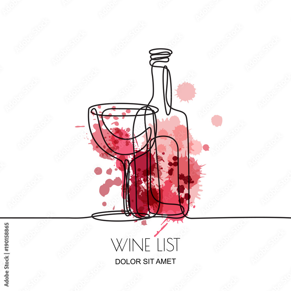 Continuous line drawing. Vector linear illustration of red or rose wine ...