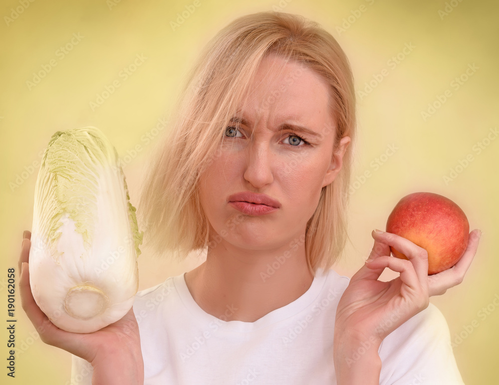 Beautiful healthy blonde woman with blue eyes and red lips in a white t ...