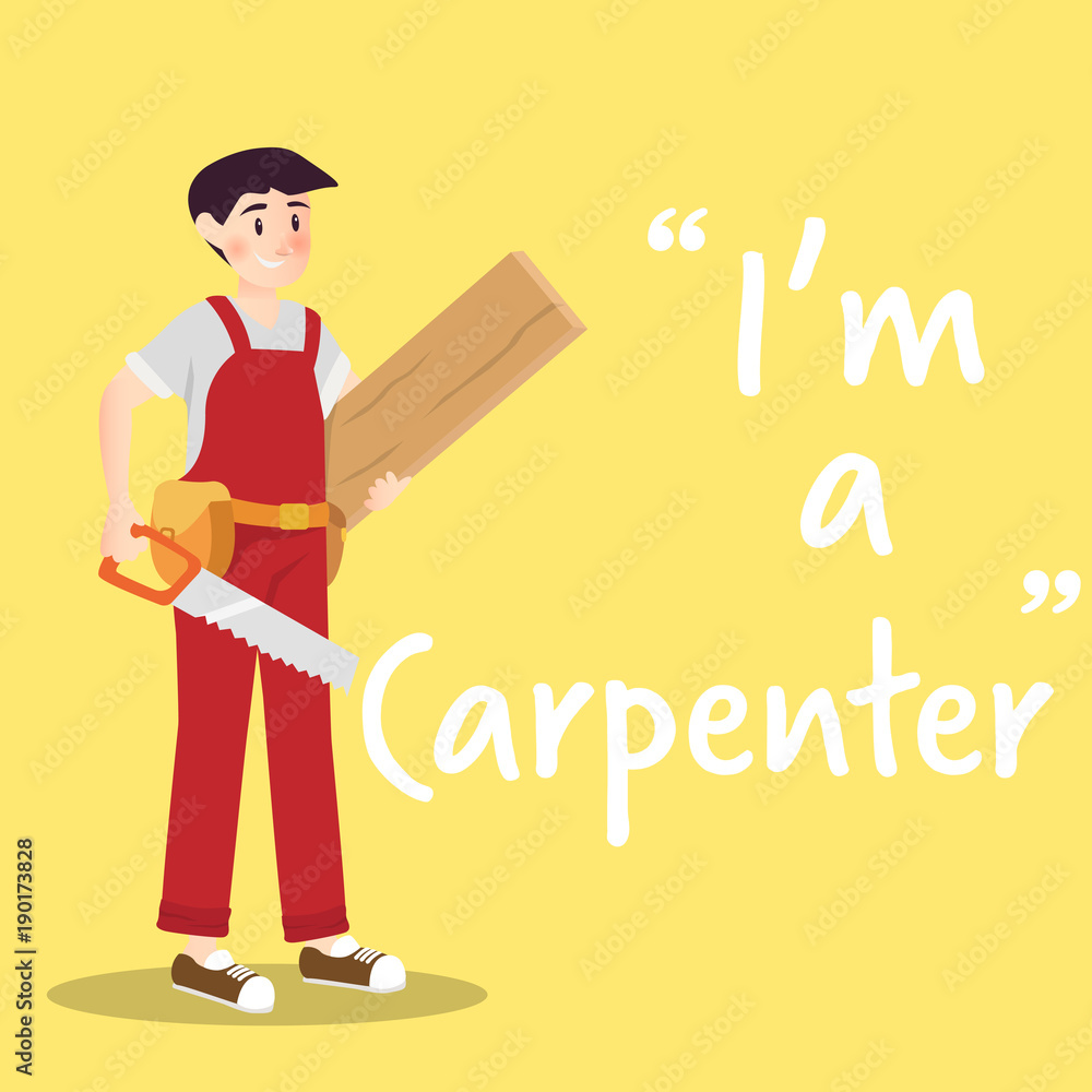 Carpenter character with saw and wood on yellow background Stock Vector ...