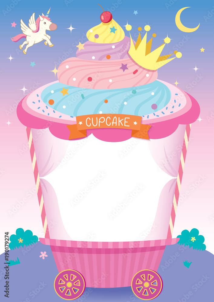 Illustration vector of cute cupcake cart party with unicorn on fantasy ...