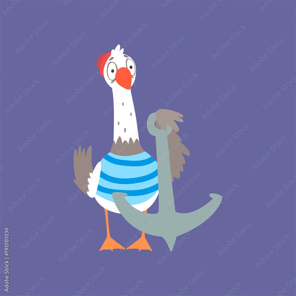 Funny seagull standing with anchor, cute comic bird character cartoon ...