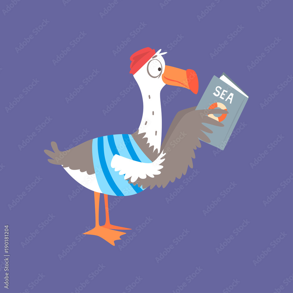 Funny seagull reading a book, cute comic bird character cartoon vector ...