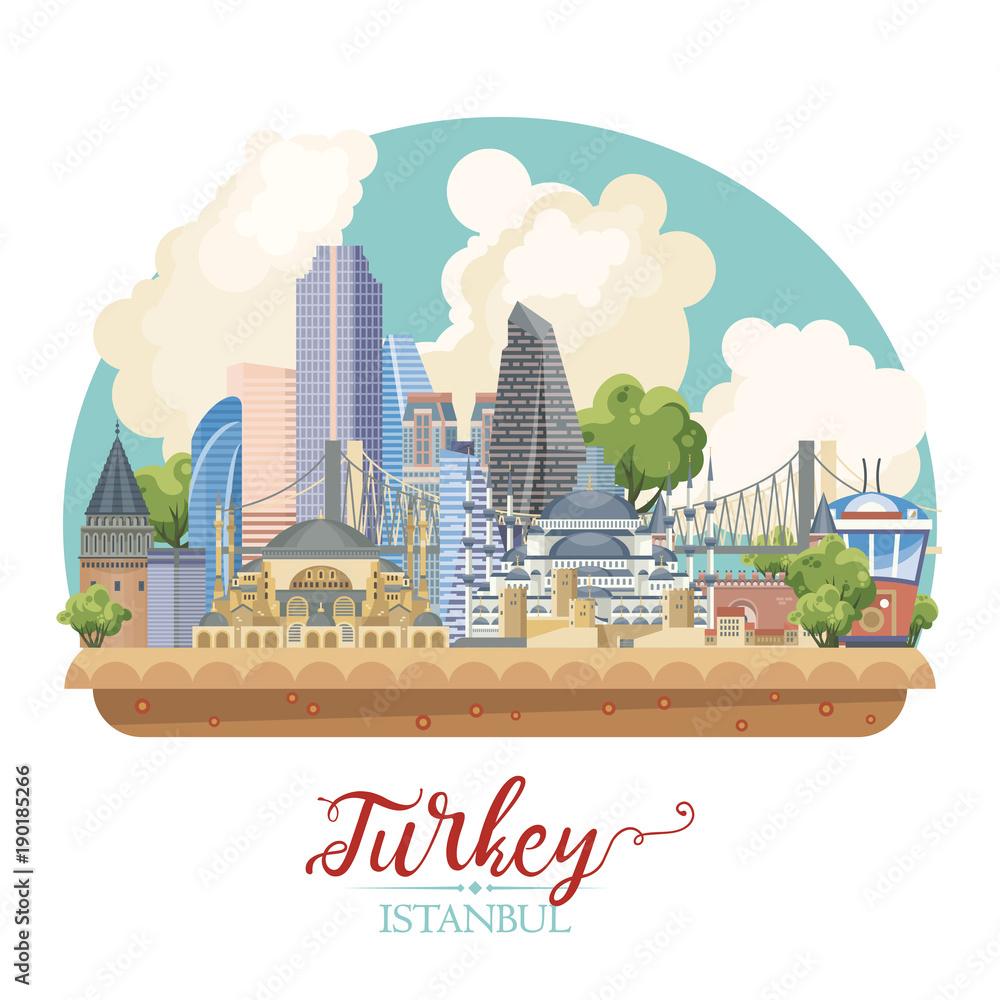 Turkey vector vacations illustration with turkish landmarks. Travel ...