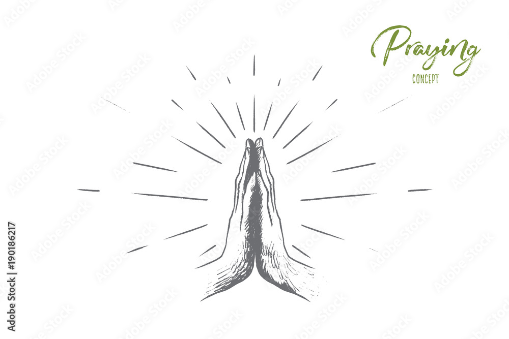 Praying concept. Hand drawn hands in praying position. Prayer to god ...