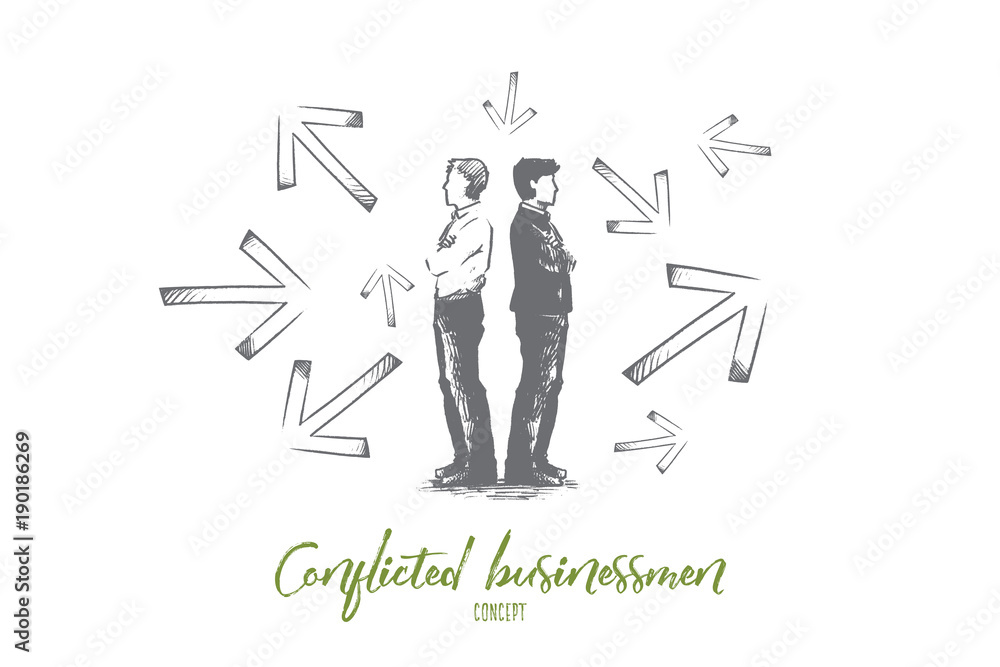 Conflicted businessman concept. Hand drawn conflicted businessmen ...