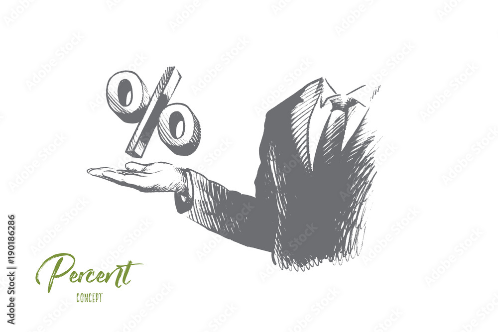 Percent concept. Hand drawn businessman hand with percent sign. Percent ...