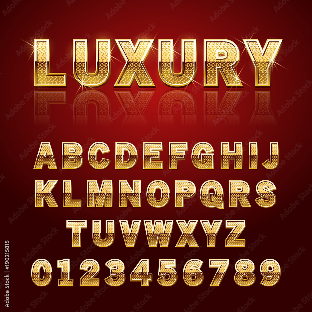 Golden glossy alphabet letters and numbers. Vector illustration Stock ...