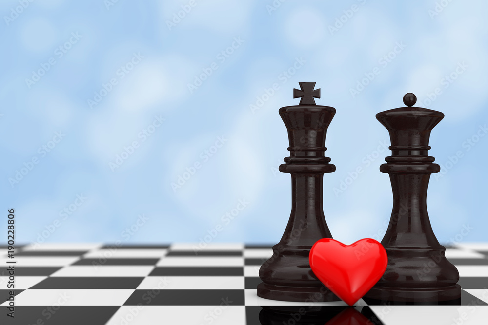 Love Concept. Chess King and Queen Figures with Red Heart over ...