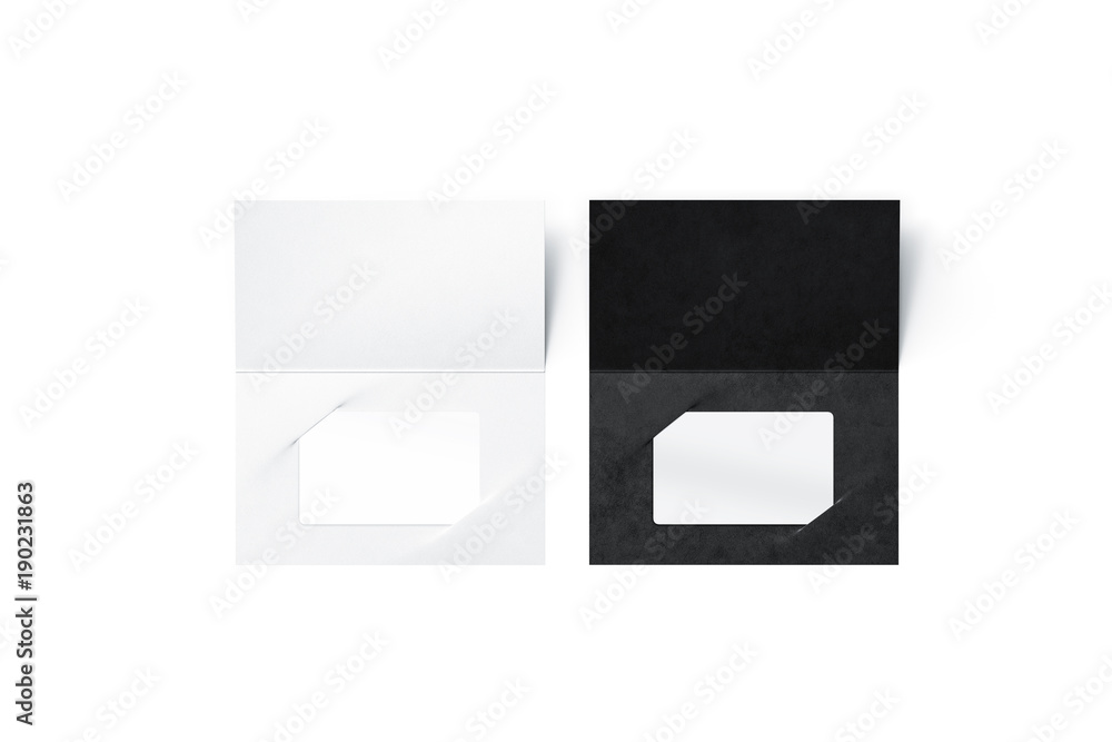 Blank white plastic card mock up inside black and clear paper booklet ...