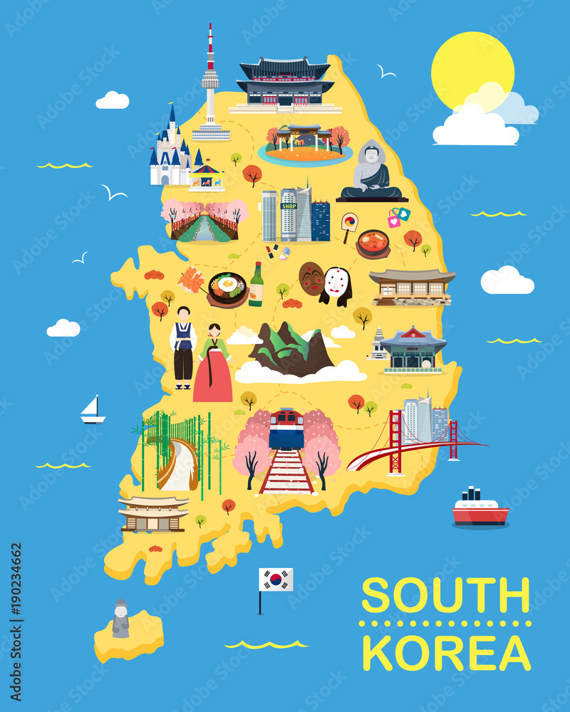 Map Of Korea Attractions Vector And Illustration. Stock Vector | Adobe ...