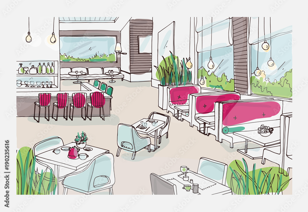 Colored freehand sketch of furnished interior of fancy restaurant or ...