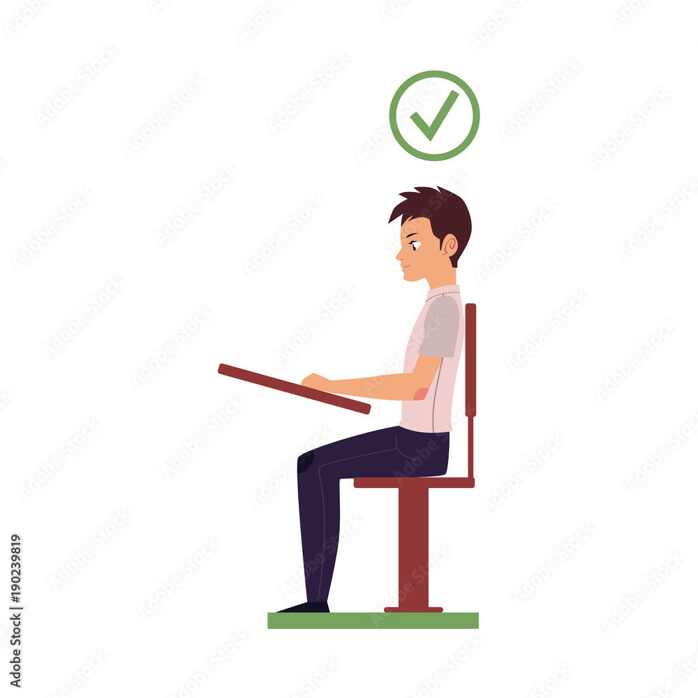 Correct neck and spine alignment of young cartoon man character sitting ...