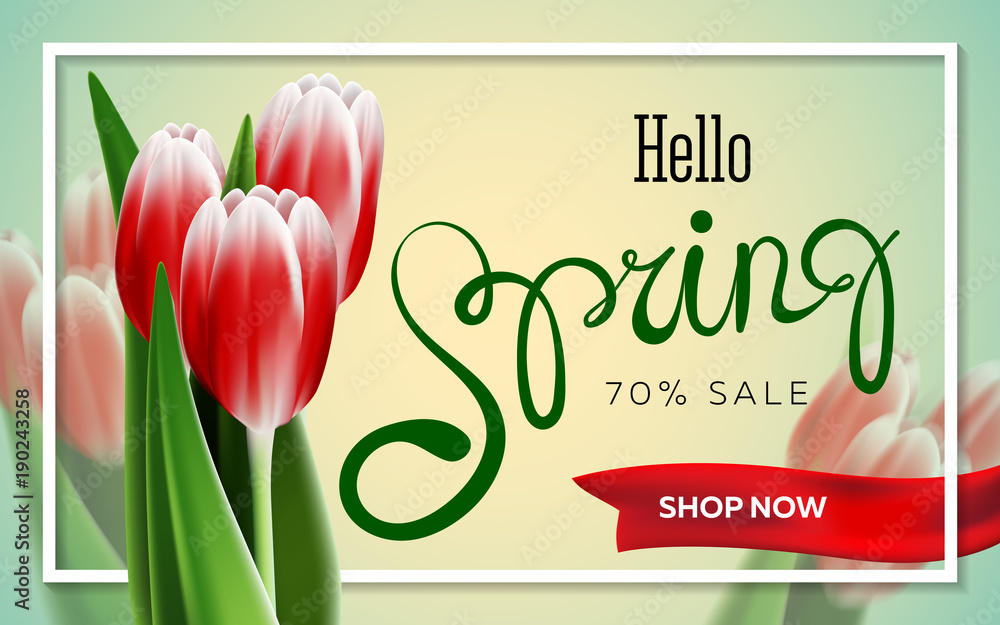 Spring Sale advertising banner with tulips and pretty lettering Stock ...