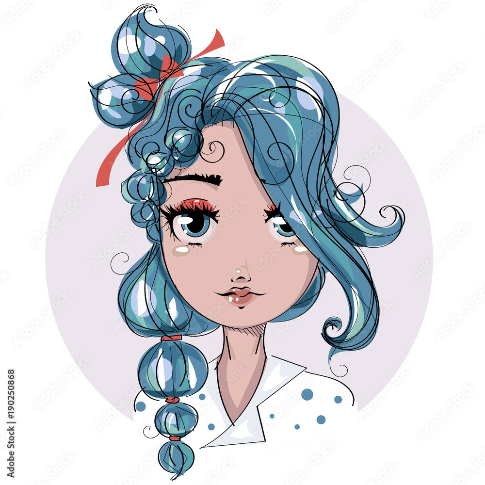 Cartoon character portrait, beauty fashion girl with blue hair, vector ...